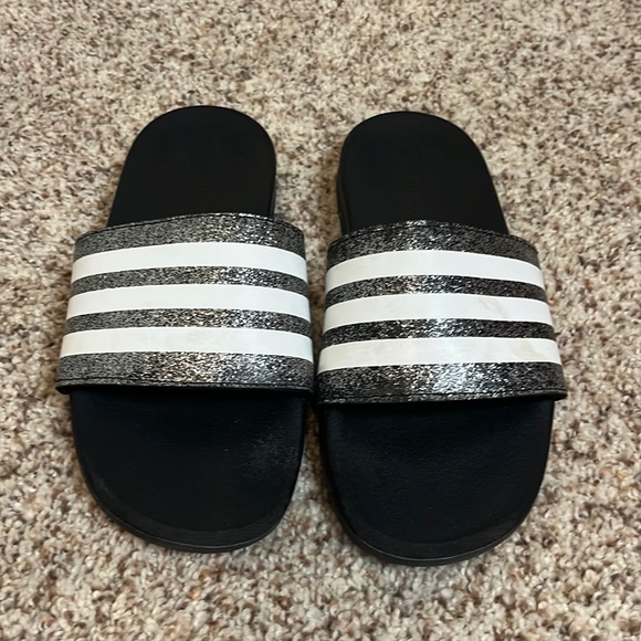 adidas | Shoes | Adidas Girls Black With Silver Glitter Soccer Slides ...